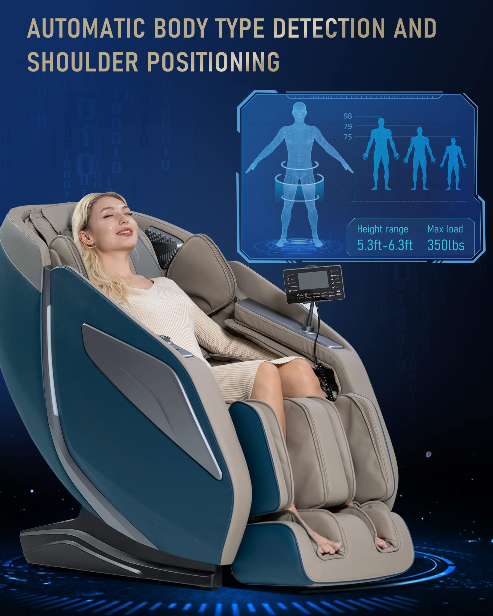 UIIU 3D Massage Chair Full Body Zero Gravity Back&Calf Heated Screen Touch Electric Massage Chairs SL Track Yoga Strecth Voice Control Body Scan with Bluetooth Speaker Foot Massage Blue