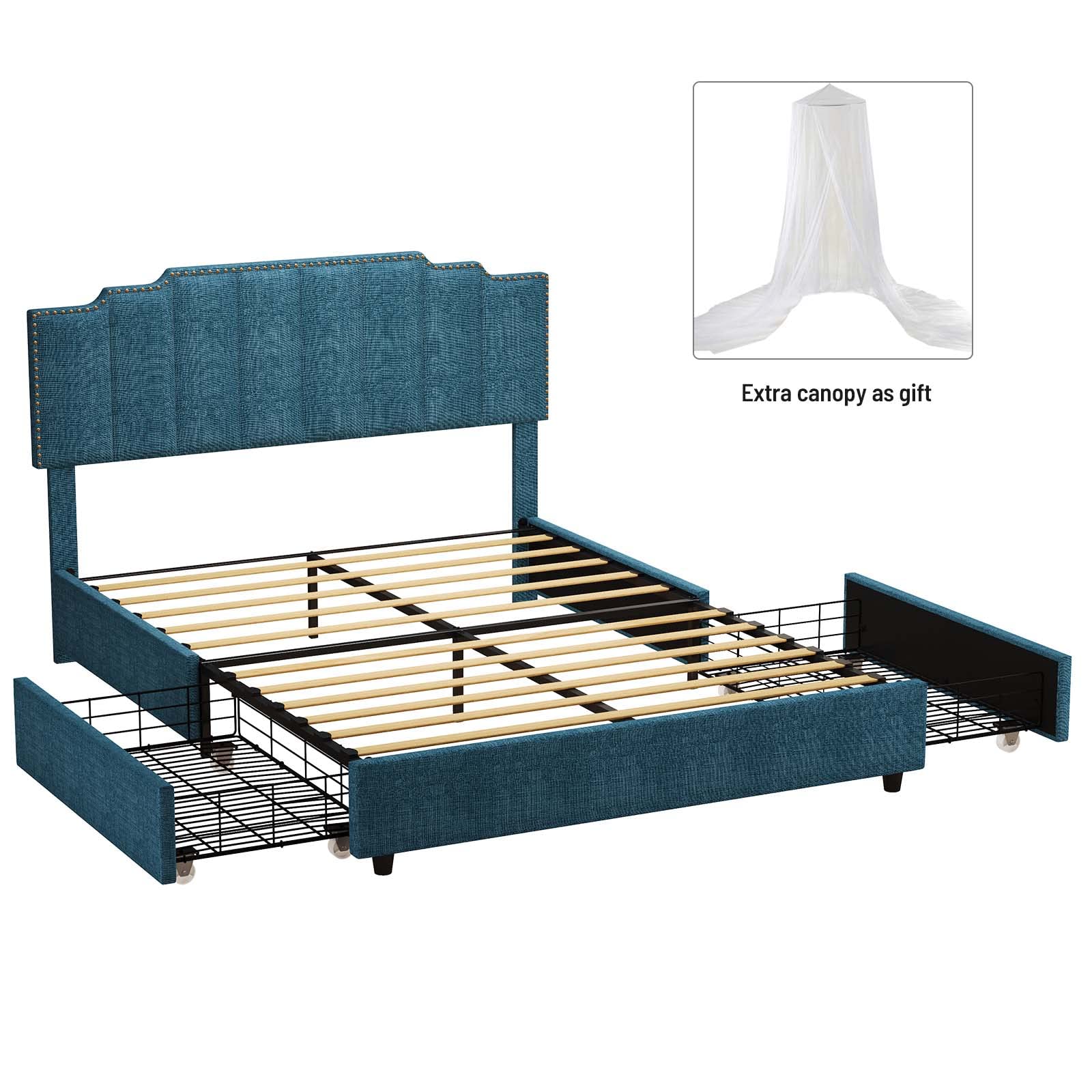 Queen Size Upholstered Platform Bed Frame with 2 Storage Drawers & Adjustable Rivets Headboard, Linen Bed Frame with Extra Dome Bed Canopy for Boys Girls Teens, No Box Spring Needed (Blue)
