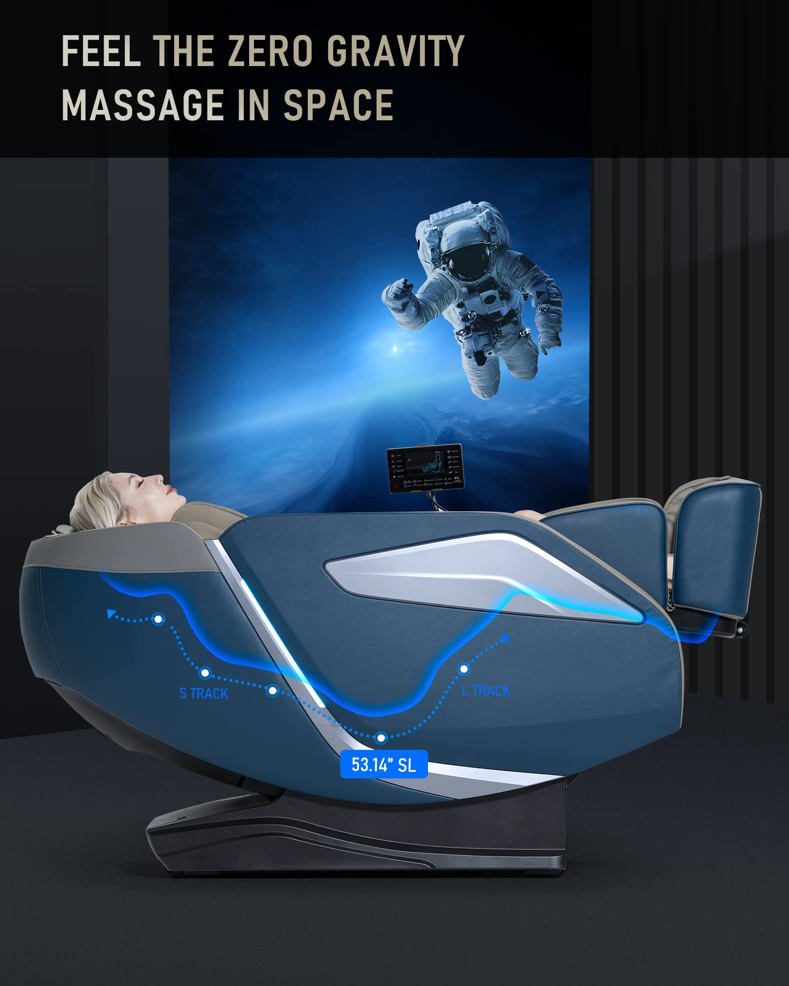 UIIU 3D Massage Chair Full Body Zero Gravity Back&Calf Heated Screen Touch Electric Massage Chairs SL Track Yoga Strecth Voice Control Body Scan with Bluetooth Speaker Foot Massage Blue