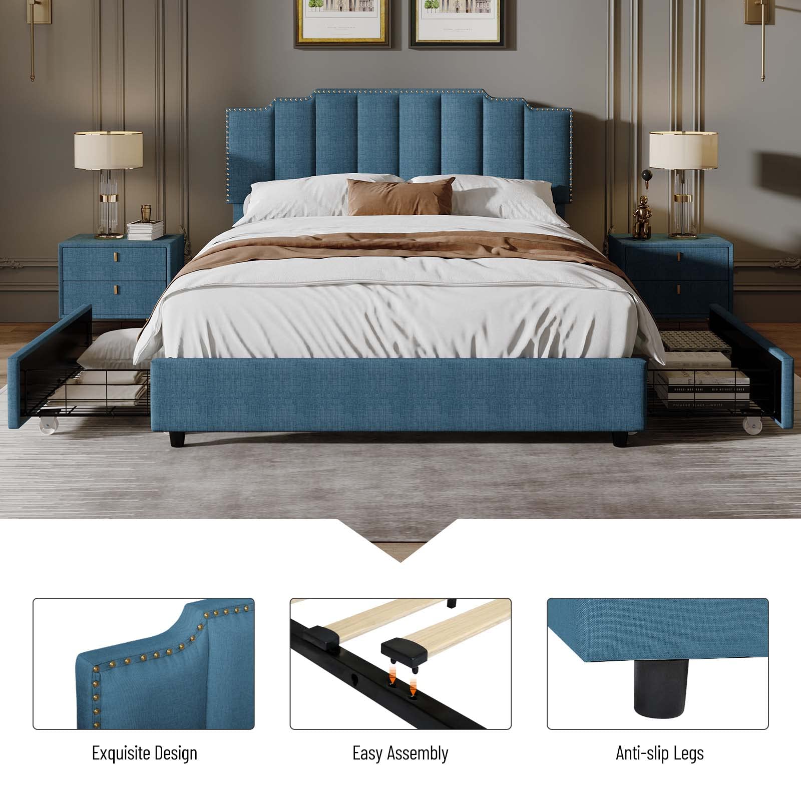 Queen Size Upholstered Platform Bed Frame with 2 Storage Drawers & Adjustable Rivets Headboard, Linen Bed Frame with Extra Dome Bed Canopy for Boys Girls Teens, No Box Spring Needed (Blue)