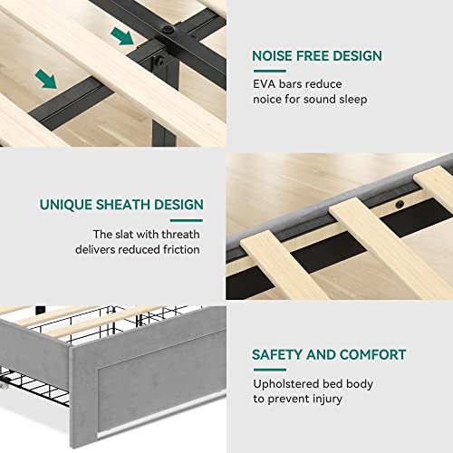 YITAHOME Queen Bed Frame with Storage Drawers, Upholstered Headboard, USB Charging Ports, Wood Slats Support, Grey