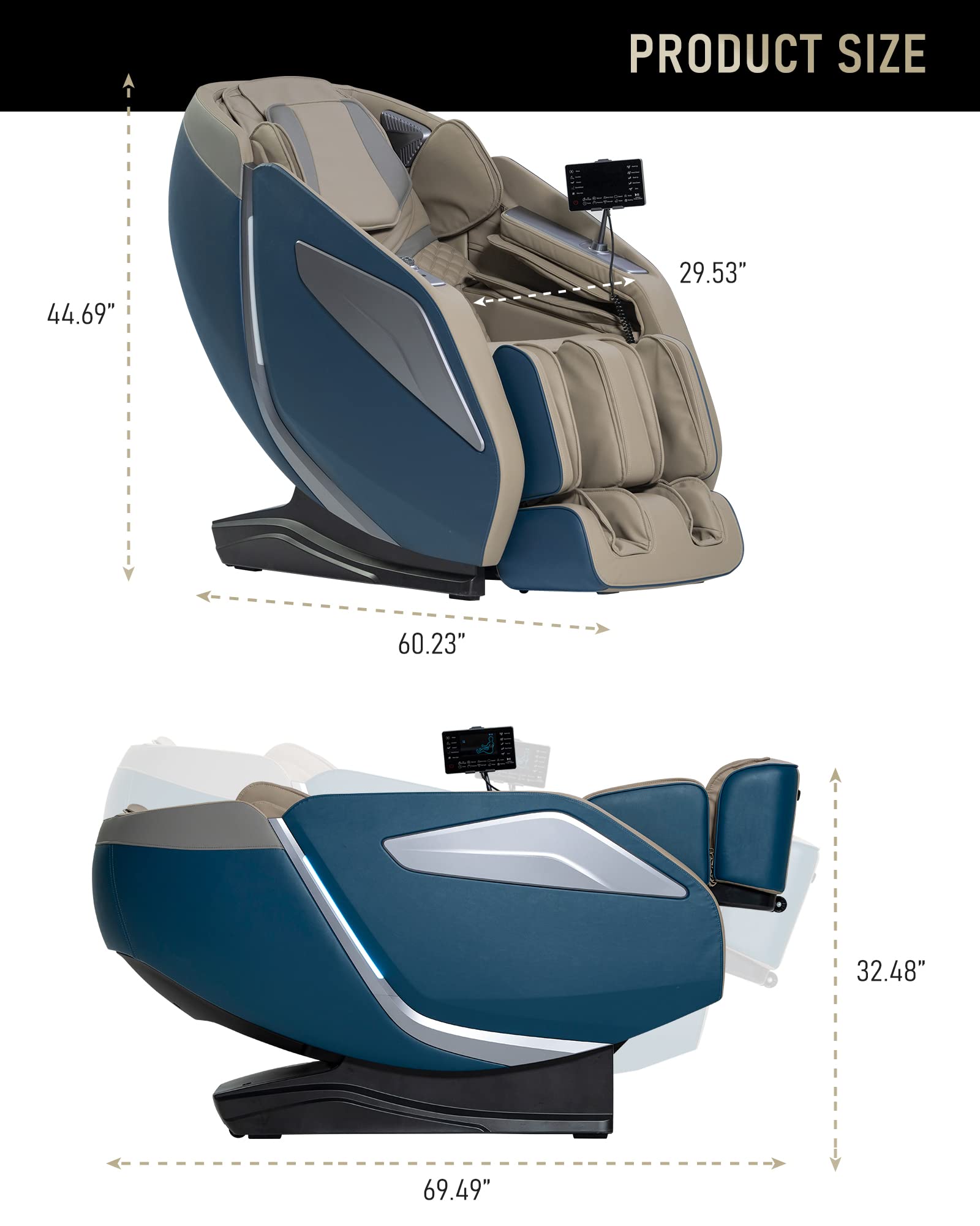 UIIU 3D Massage Chair Full Body Zero Gravity Back&Calf Heated Screen Touch Electric Massage Chairs SL Track Yoga Strecth Voice Control Body Scan with Bluetooth Speaker Foot Massage Blue