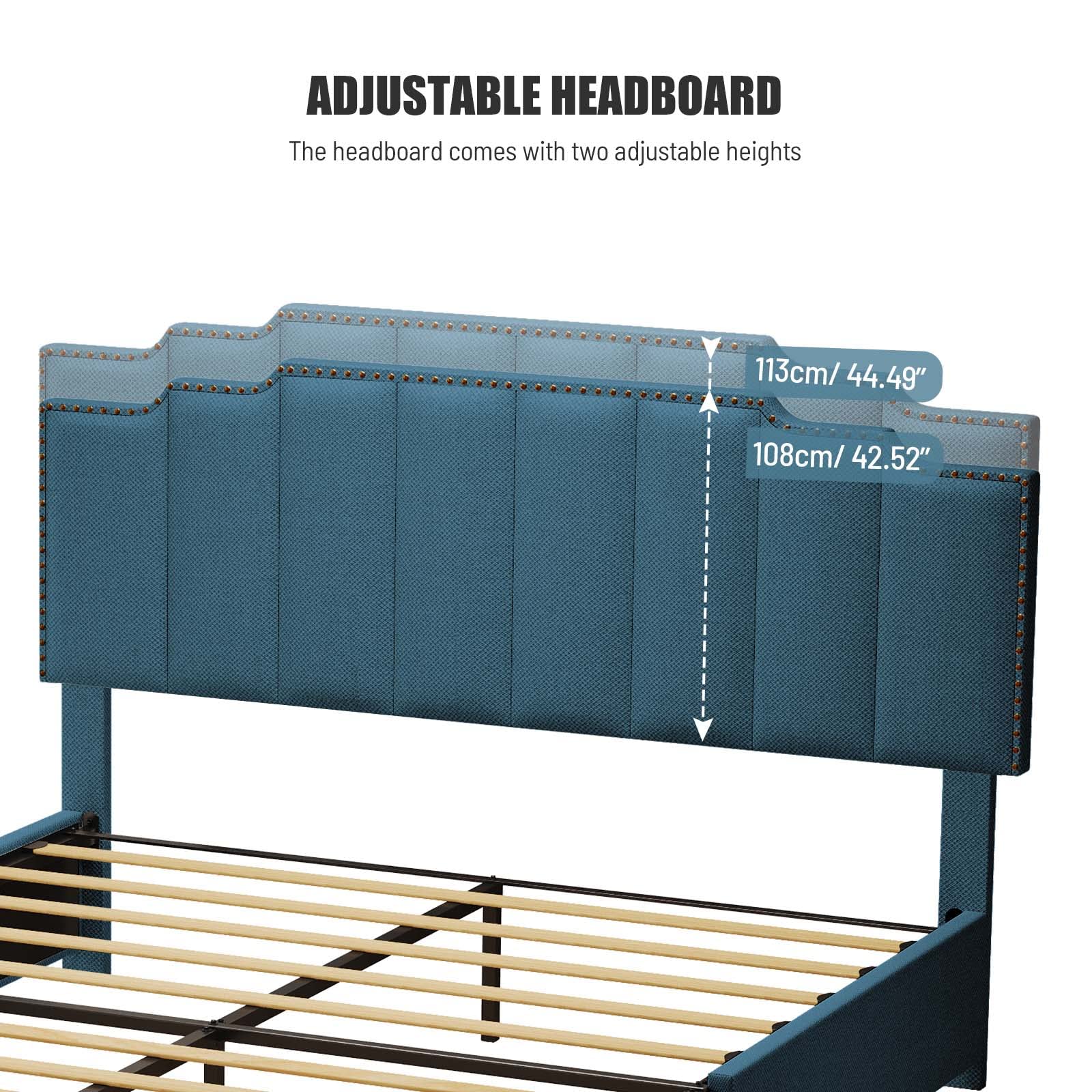 Queen Size Upholstered Platform Bed Frame with 2 Storage Drawers & Adjustable Rivets Headboard, Linen Bed Frame with Extra Dome Bed Canopy for Boys Girls Teens, No Box Spring Needed (Blue)