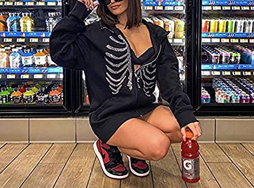 threeriver Womens Y2k Skeleton Print Hoodie Top Rhinestone Skull Print Long Sleeve Zip Up Hoodies(S,A-black)