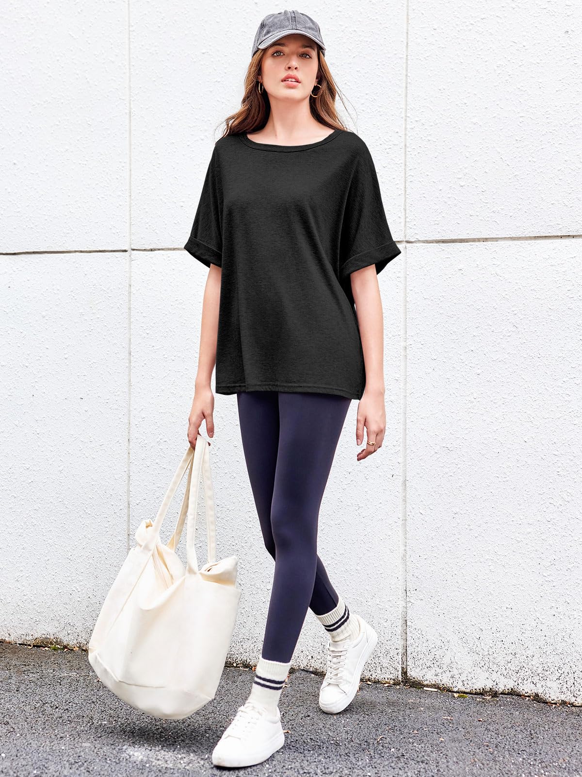 Women Oversized T-Shirt Summer Casual Short Sleeve Loose Tee Tops Black