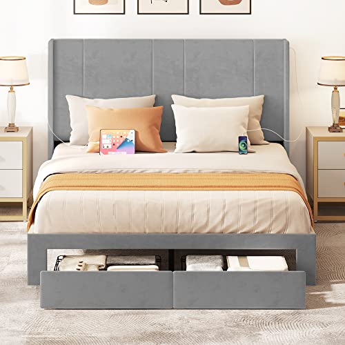 YITAHOME Queen Bed Frame with Storage Drawers, Upholstered Headboard, USB Charging Ports, Wood Slats Support, Grey