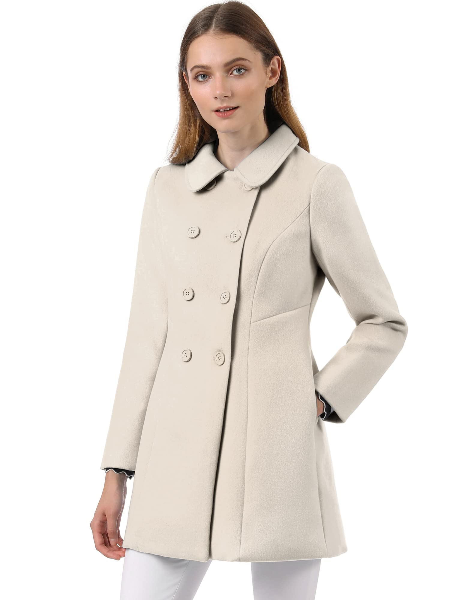 Allegra K Women's Peter Pan Collar Double Breasted Winter Long Trench Pea Coat Small Beige