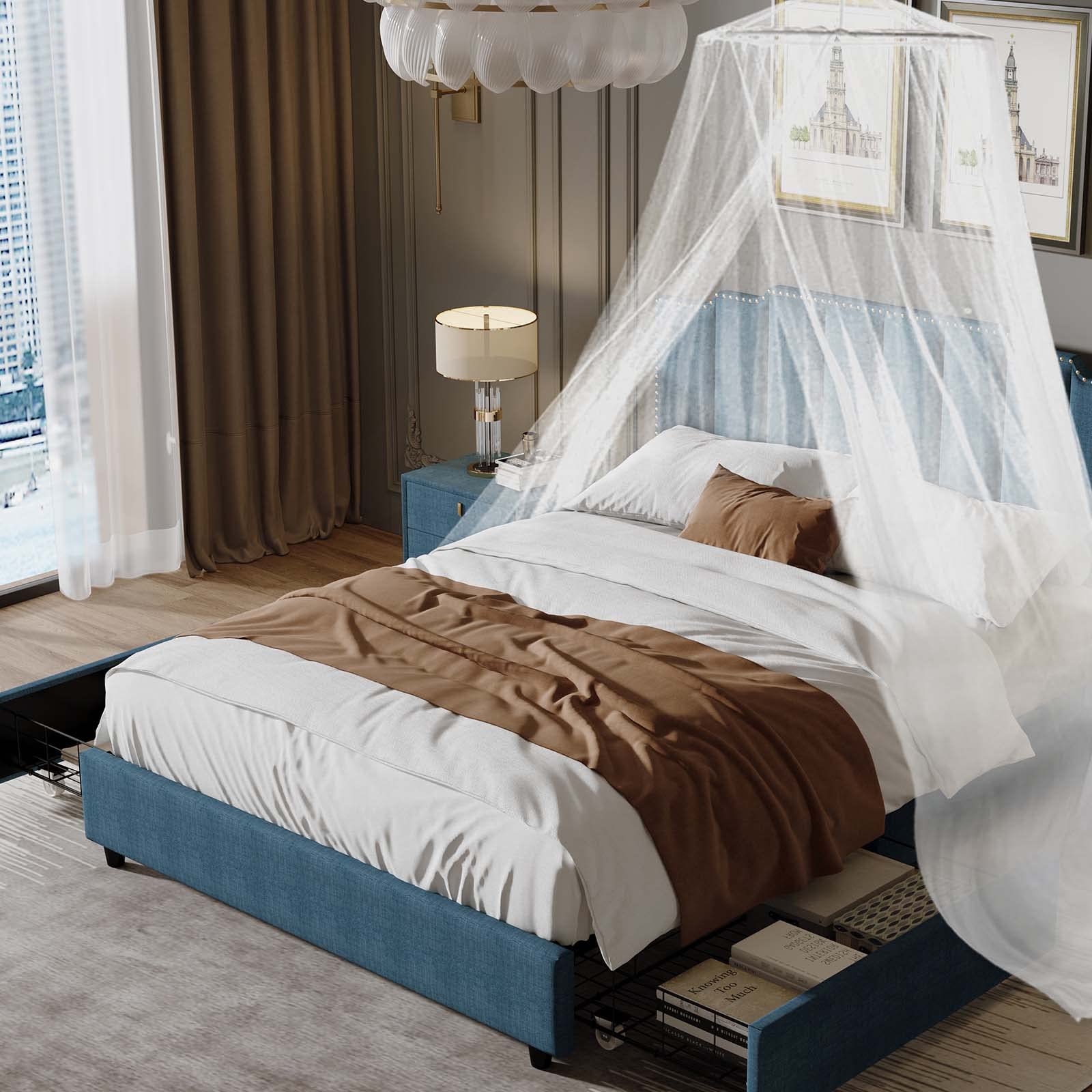 Queen Size Upholstered Platform Bed Frame with 2 Storage Drawers & Adjustable Rivets Headboard, Linen Bed Frame with Extra Dome Bed Canopy for Boys Girls Teens, No Box Spring Needed (Blue)