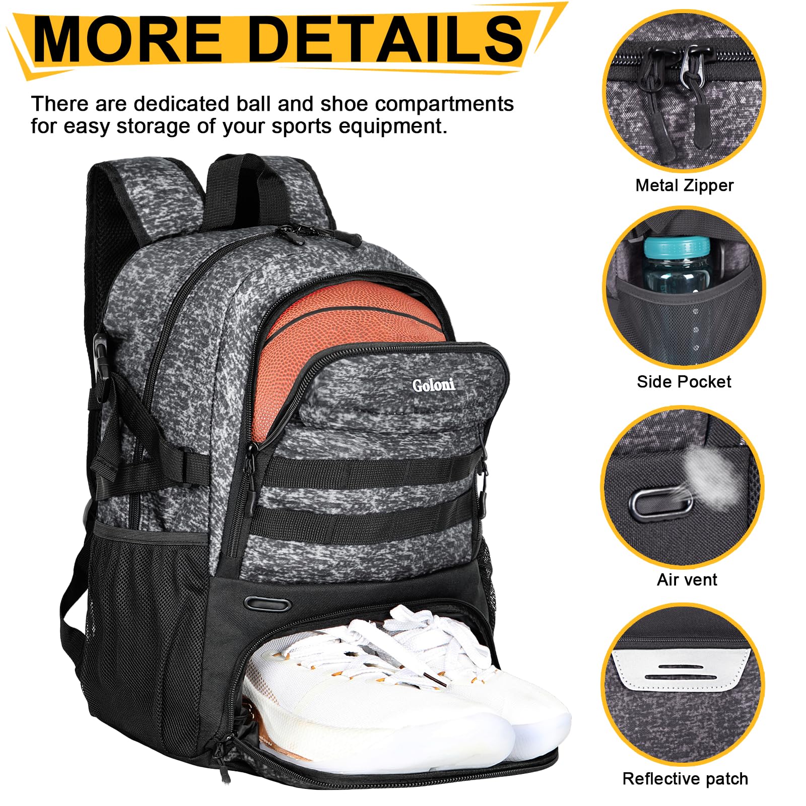 Goloni Basketball Backpack,Large Basketball Bag with Ball Compartment & Shoe Compartment,Sports Bag Fit Volleyball, soccer