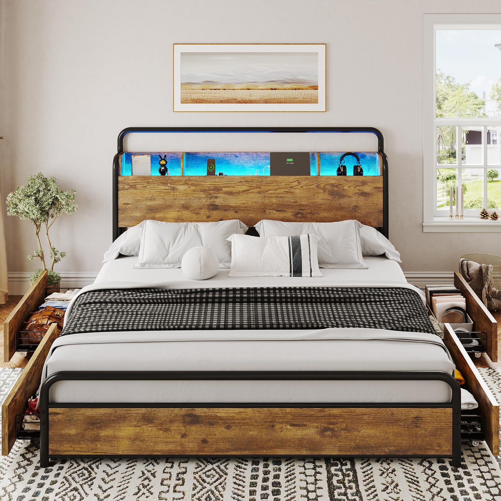 DICTAC Queen Bed Frame with Storage Headboard and Charging Station Metal Platform Bed Frame with Led Lights Queen Size Led Bed Frame with 4 Drawers,No Box Spring Needed, Noise-Free, Rustic Brown
