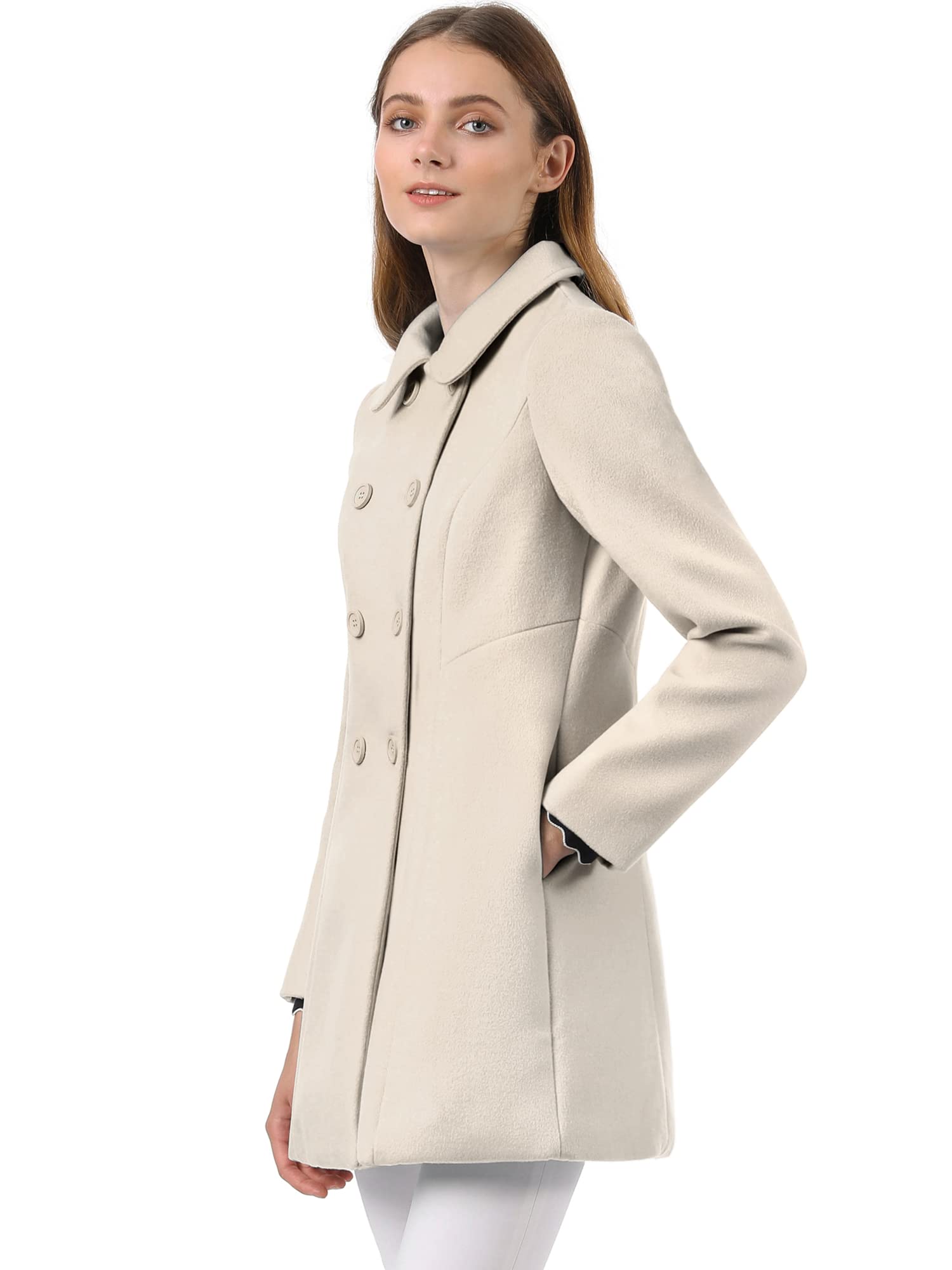 Allegra K Women's Peter Pan Collar Double Breasted Winter Long Trench Pea Coat Small Beige