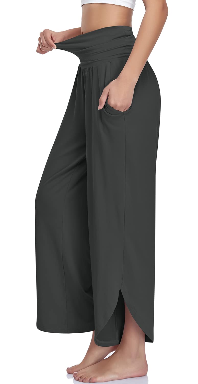 UEU Women's Wide Leg Yoga Pants High Waisted Comfy Dance Sweatpants Loose Casual Soft Lounge Joggers with Pockets (Dark Gray, M)