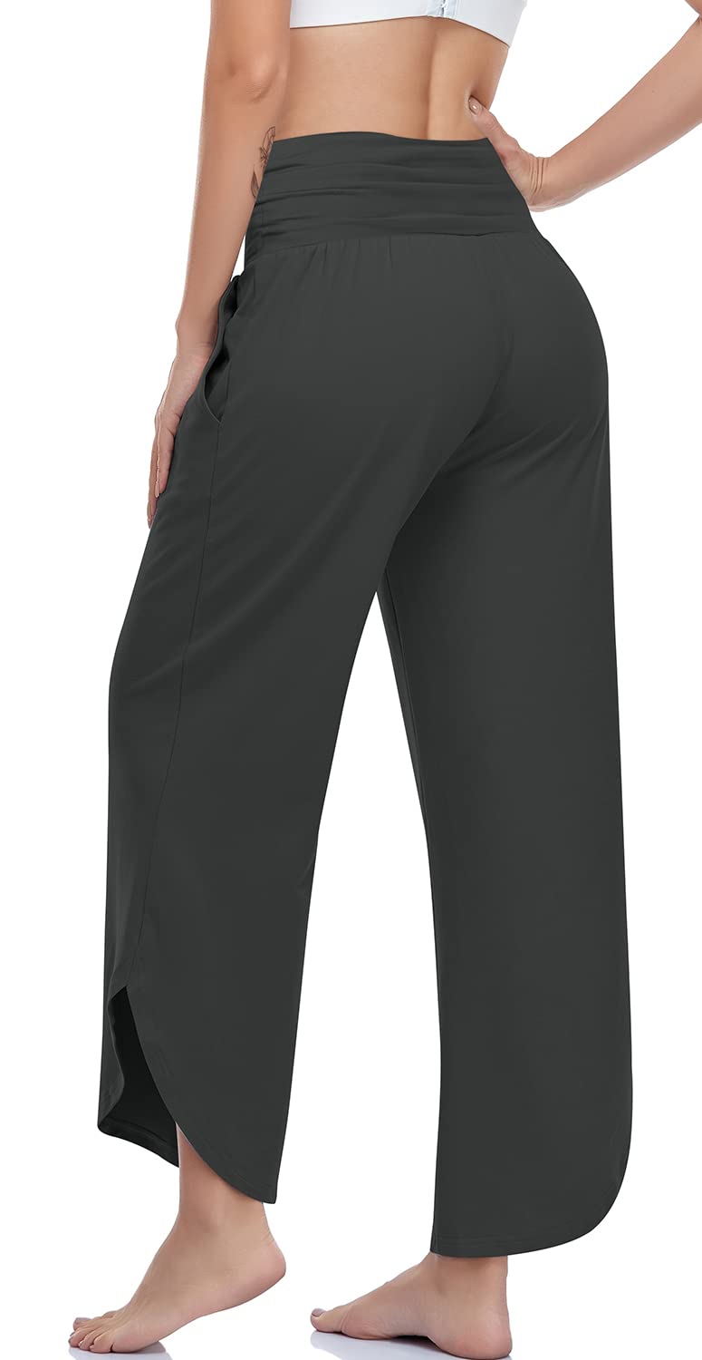 UEU Women's Wide Leg Yoga Pants High Waisted Comfy Dance Sweatpants Loose Casual Soft Lounge Joggers with Pockets (Dark Gray, M)