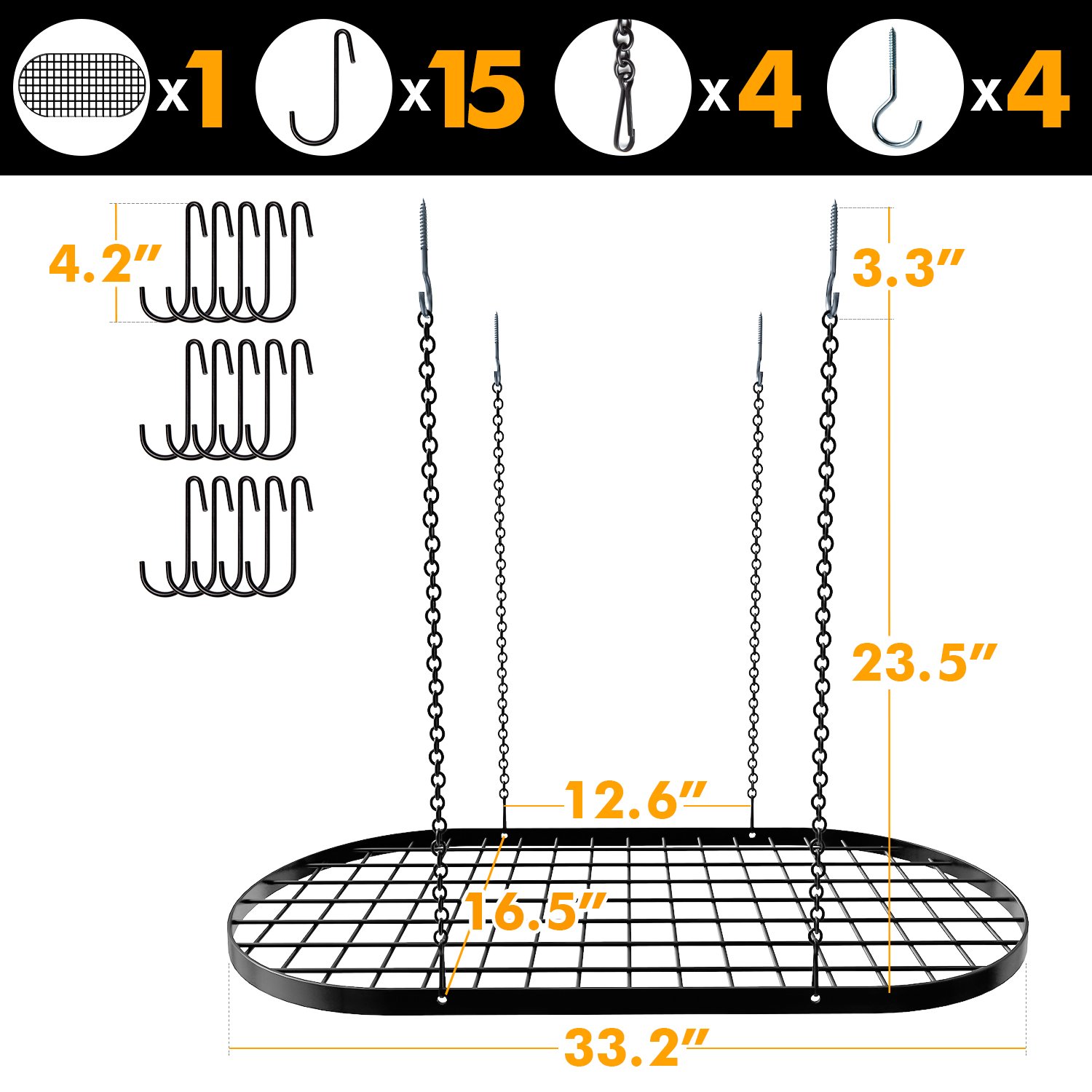 Vdomus pot rack ceiling mount cookware rack hanging hanger organizer with hooks (33 x 17 Inch) and Strong Shower Caddy 2 Tier Bathroom Corner Shelf Organizer Polished Chrome- No Drilling Needed Basket