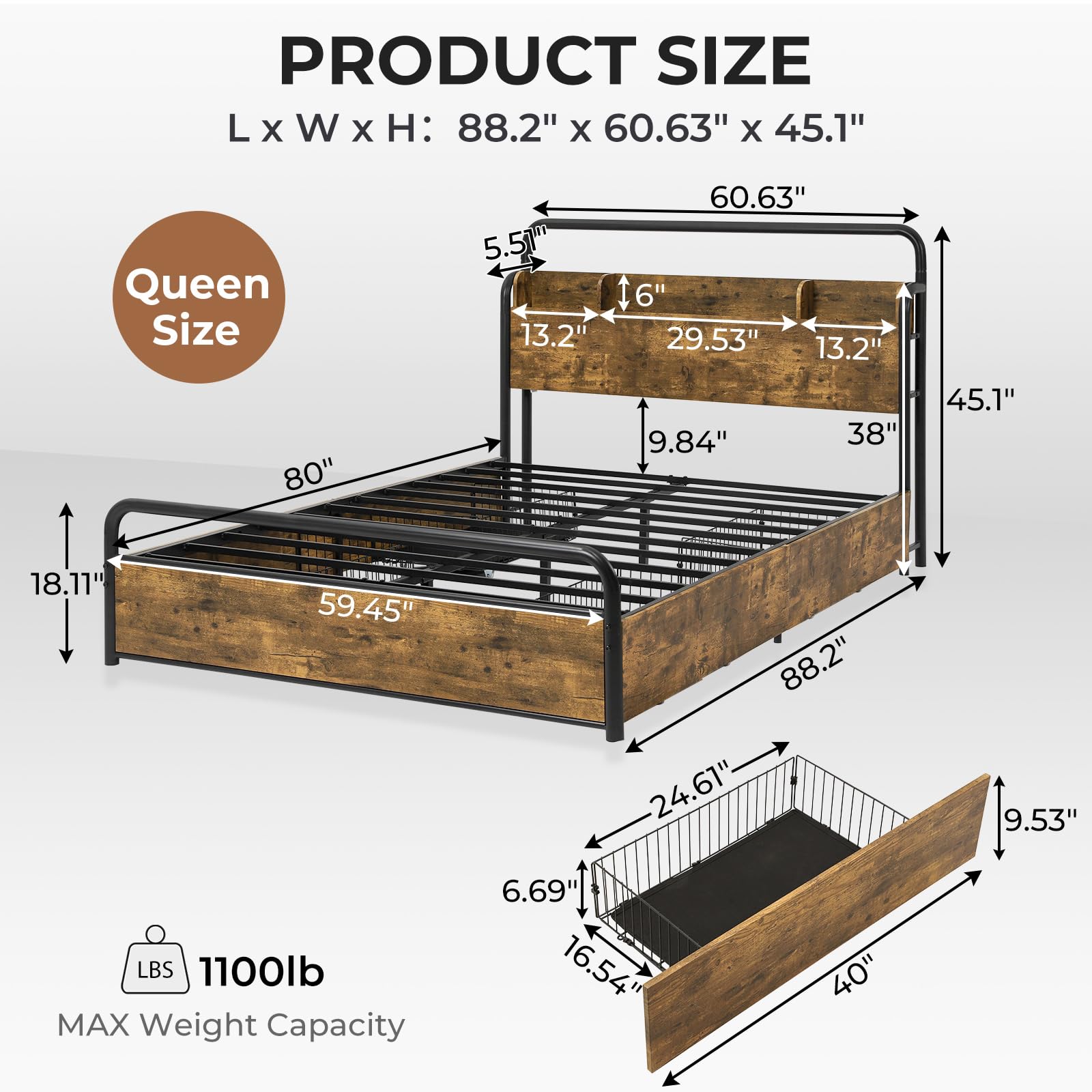 DICTAC Queen Bed Frame with Storage Headboard and Charging Station Metal Platform Bed Frame with Led Lights Queen Size Led Bed Frame with 4 Drawers,No Box Spring Needed, Noise-Free, Rustic Brown