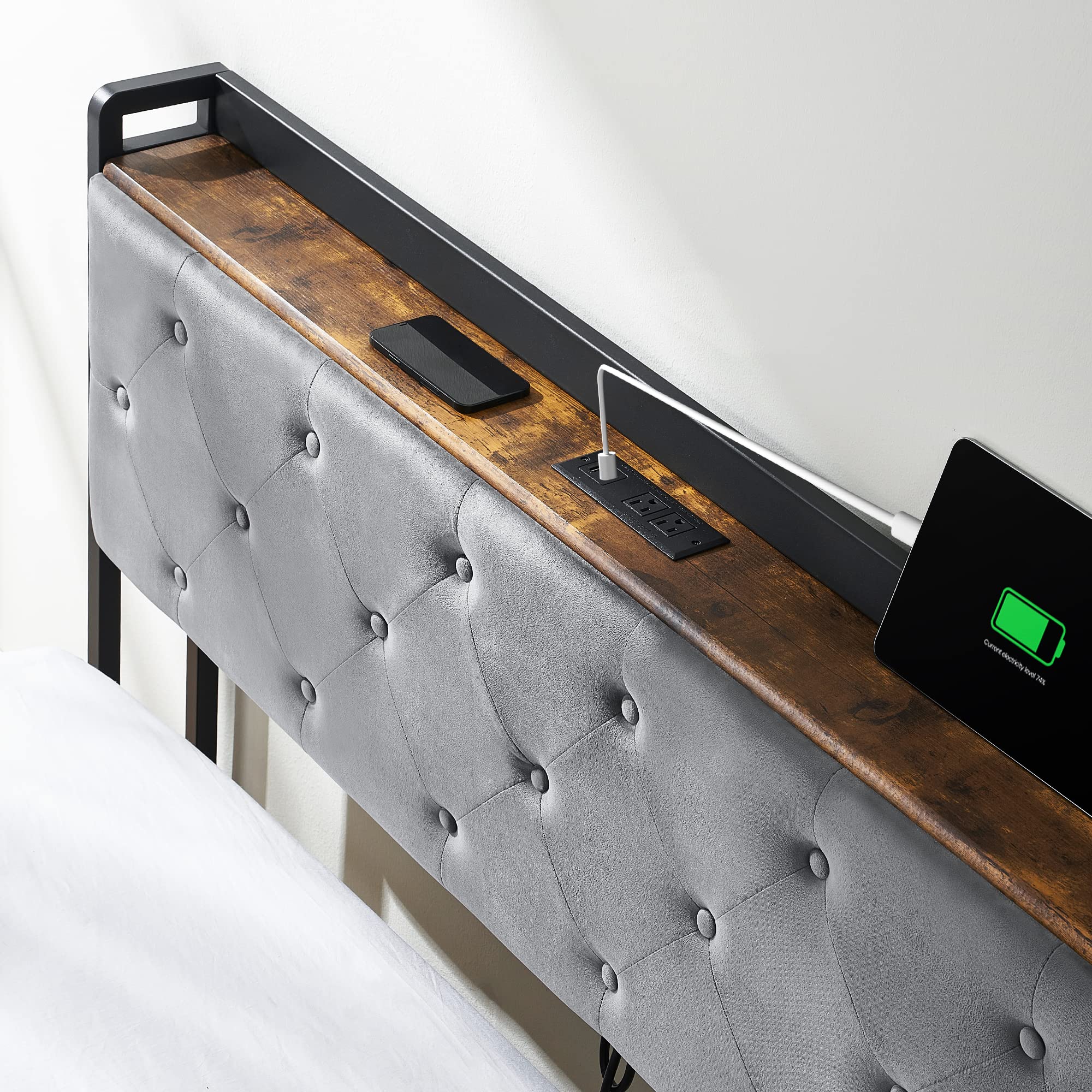 Amyove Queen Bed Frame with 4 Storage Drawers and Charging Station, Grey Queen Upholstered Bed Frame with Storage Headboard, No Box Spring Needed, Noise-Free Easy Assembly (Queen)