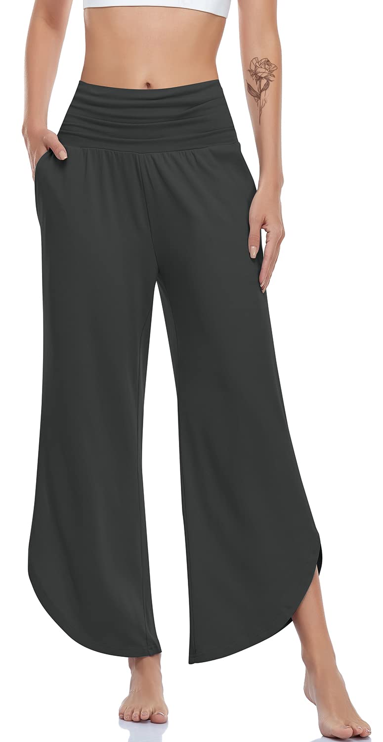 UEU Women's Wide Leg Yoga Pants High Waisted Comfy Dance Sweatpants Loose Casual Soft Lounge Joggers with Pockets (Dark Gray, M)