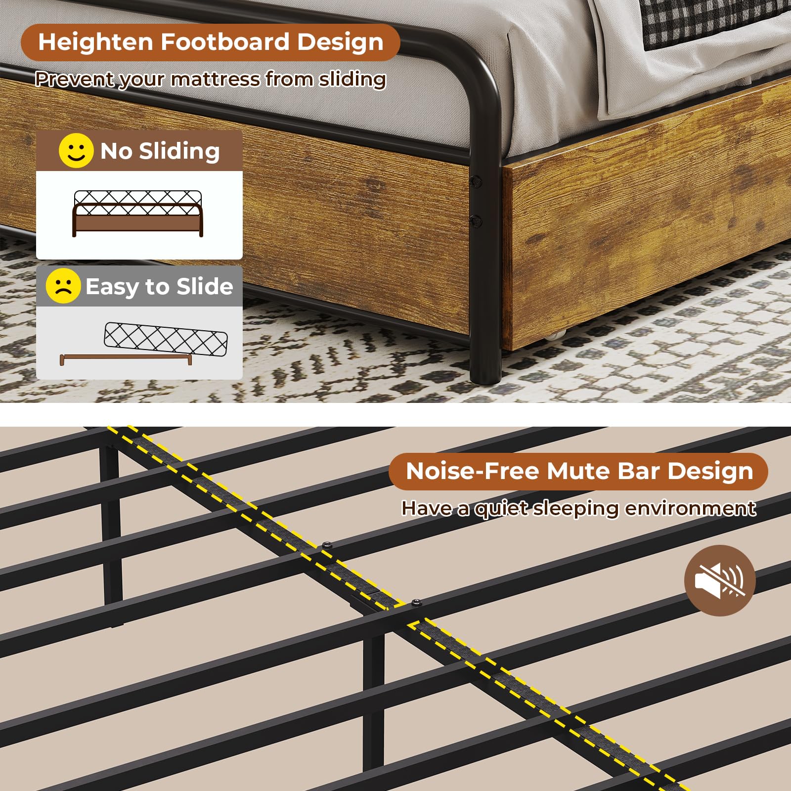 DICTAC Queen Bed Frame with Storage Headboard and Charging Station Metal Platform Bed Frame with Led Lights Queen Size Led Bed Frame with 4 Drawers,No Box Spring Needed, Noise-Free, Rustic Brown