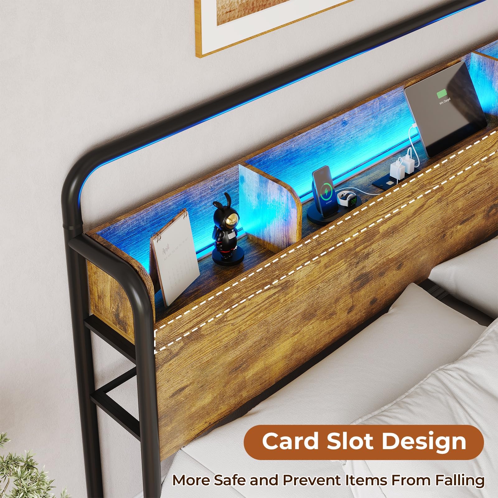 DICTAC Queen Bed Frame with Storage Headboard and Charging Station Metal Platform Bed Frame with Led Lights Queen Size Led Bed Frame with 4 Drawers,No Box Spring Needed, Noise-Free, Rustic Brown