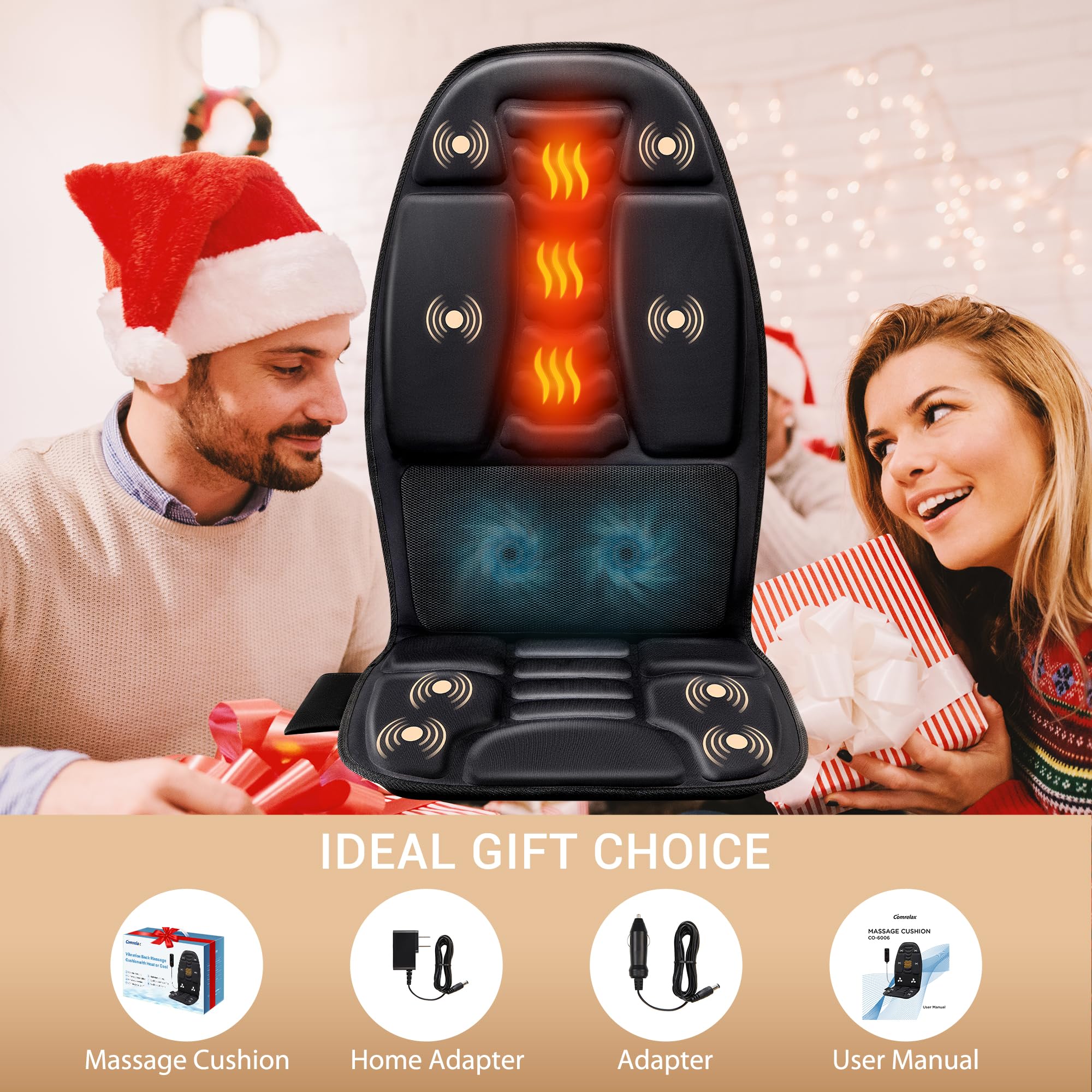 comrelax Back Massage Chair Pad, Deep Tissue Vibration Seat Massage Cushion, 2 Levels Cooling or Heat Back Massage for Muscle Fatigue Stress Relief