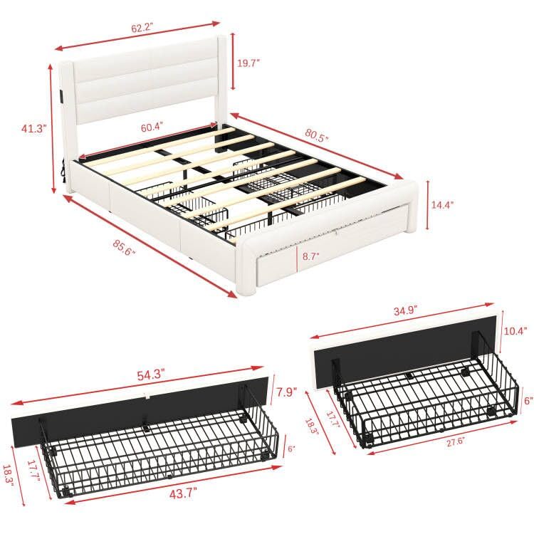 Linique Queen Size Wooden Bed Frame with 3 Storage Drawers,Queen PU Leather Upholstered Platform Bed with Headboard and Charging Station,White