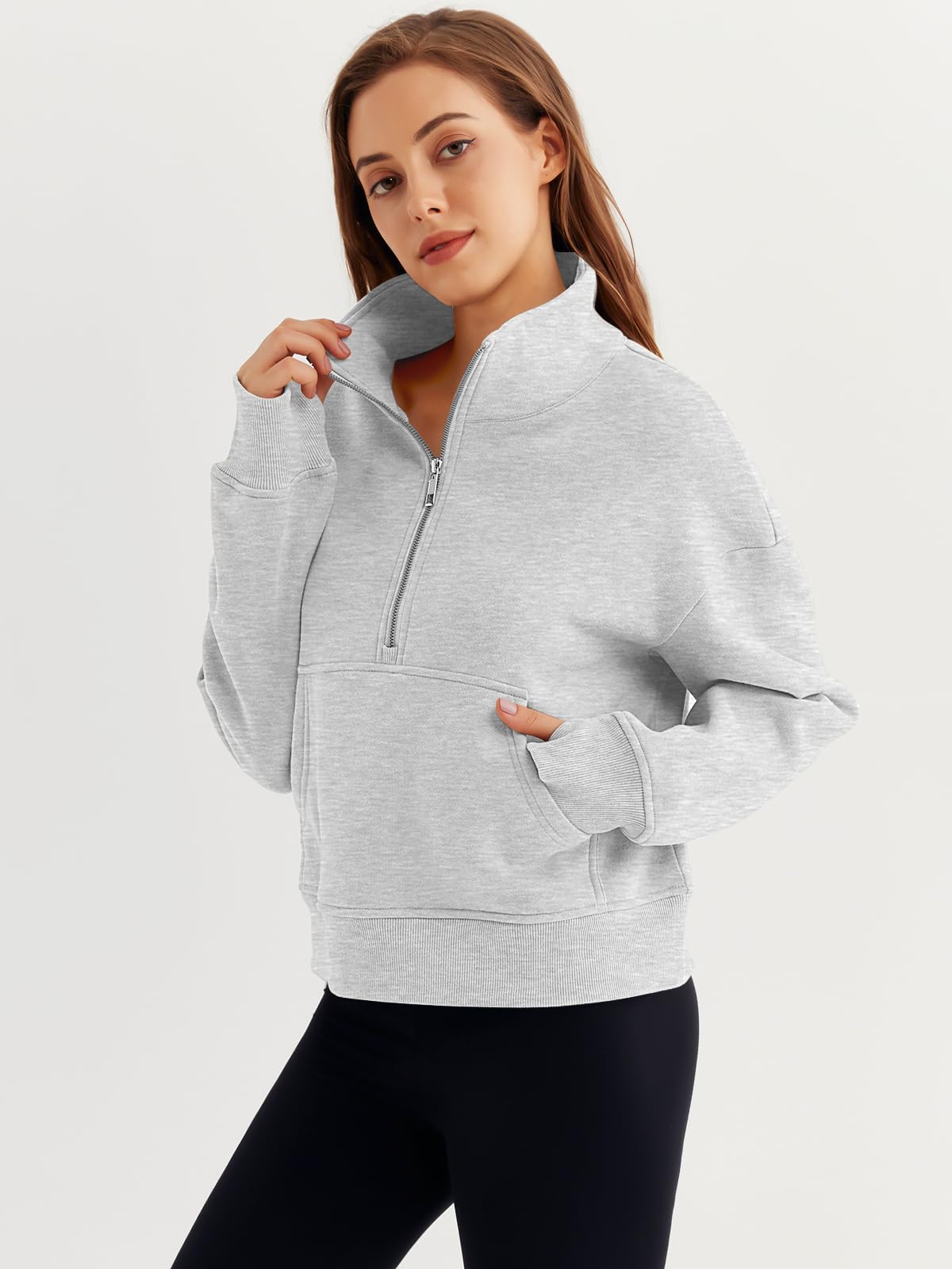 Trendy Queen Womens Half Zip Cropped Pullover Crewneck Sweatshirts Quarter Zipper Hoodies Long Sleeve Clothes Sweaters Fall Outfits 2023 Grey