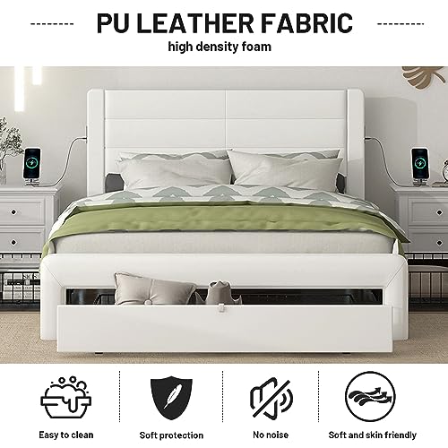 Linique Queen Size Wooden Bed Frame with 3 Storage Drawers,Queen PU Leather Upholstered Platform Bed with Headboard and Charging Station,White