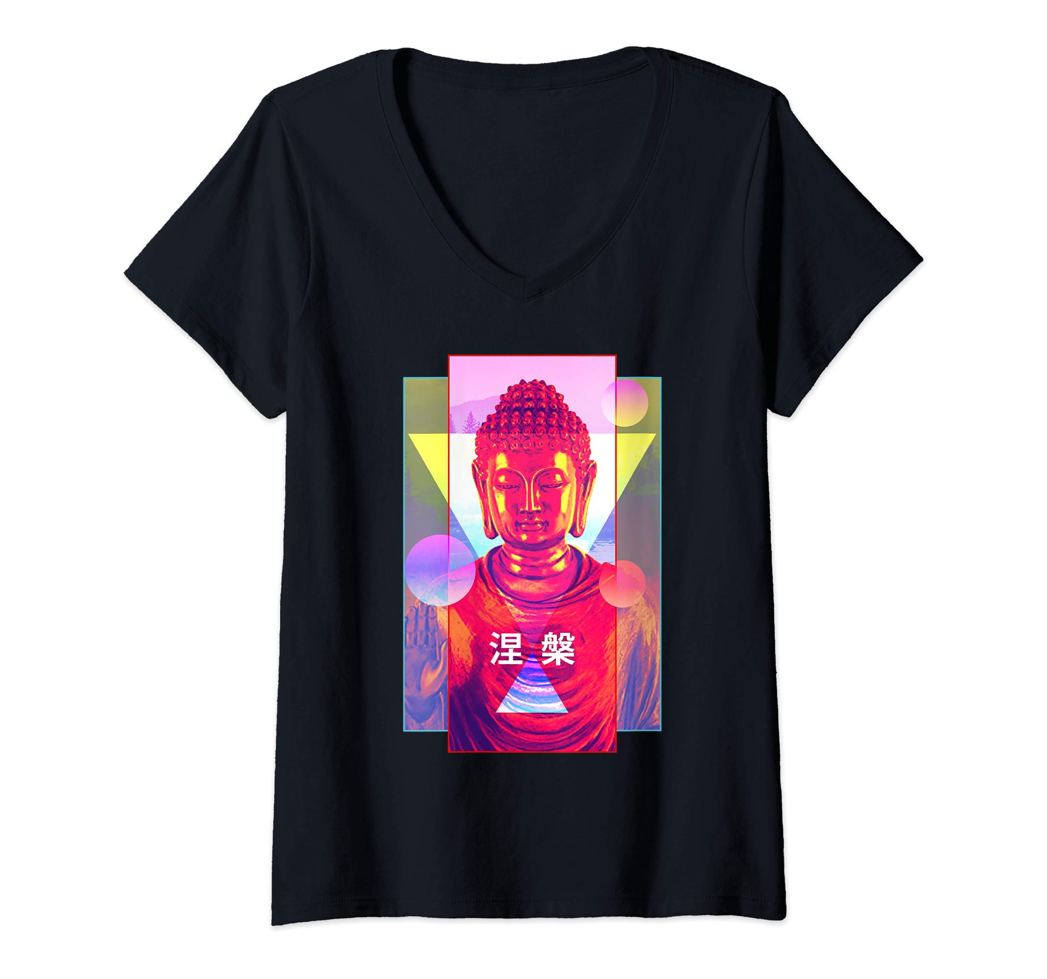 Womens Buddha Zen Retro Vintage Vaporwave Aesthetic Nirvana V-Neck T-Shirt
