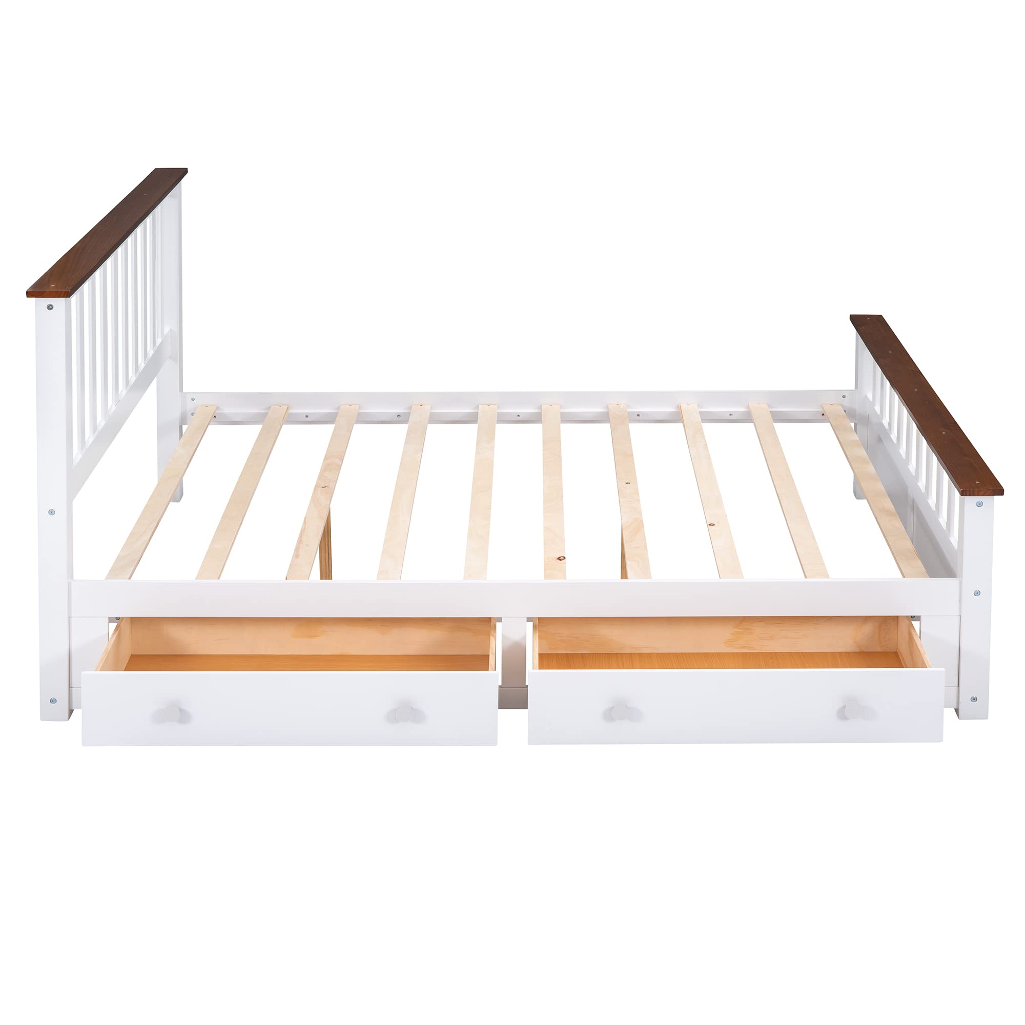 Bellemave Queen Bed Frame with 2 Storage Drawers Wood Platform Bed with Headboard & Footboard Panel Beds with Slats for Boys, Girls, Kids, Teens, White + Walnut