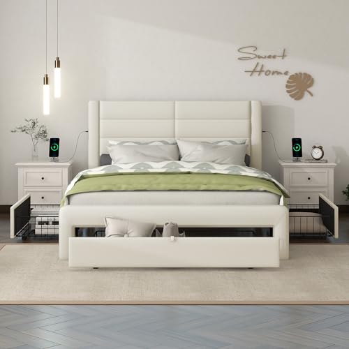 Linique Queen Size Wooden Bed Frame with 3 Storage Drawers,Queen PU Leather Upholstered Platform Bed with Headboard and Charging Station,White