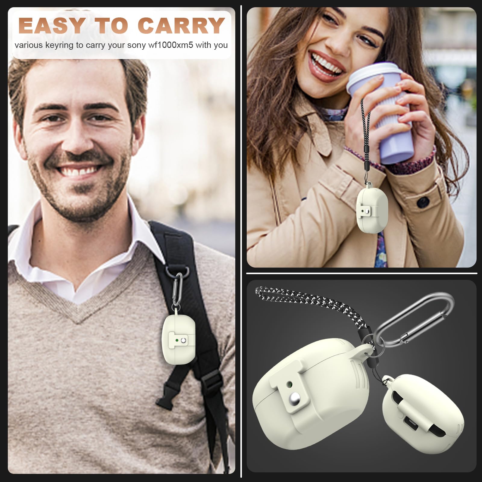 Secure Lock Case for Sony WF-1000XM5 Earbuds(2023), WOFRO Shockproof Anti-Scratch Silicone Protective Cover Skin Designed for Sony WF1000XM5 Sony XM5 Wireless Earbuds with Lanyard&Keychain (White)