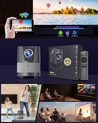 Mini Native 1080P Projector with 5G WiFi & Bilateral Bluetooth for Phone,Portable Outdoor Movie Projector Wireless/Wired Mirroring,4K Smart Home Theater Projector Android 9.0 for Netflix YouTube Hulu