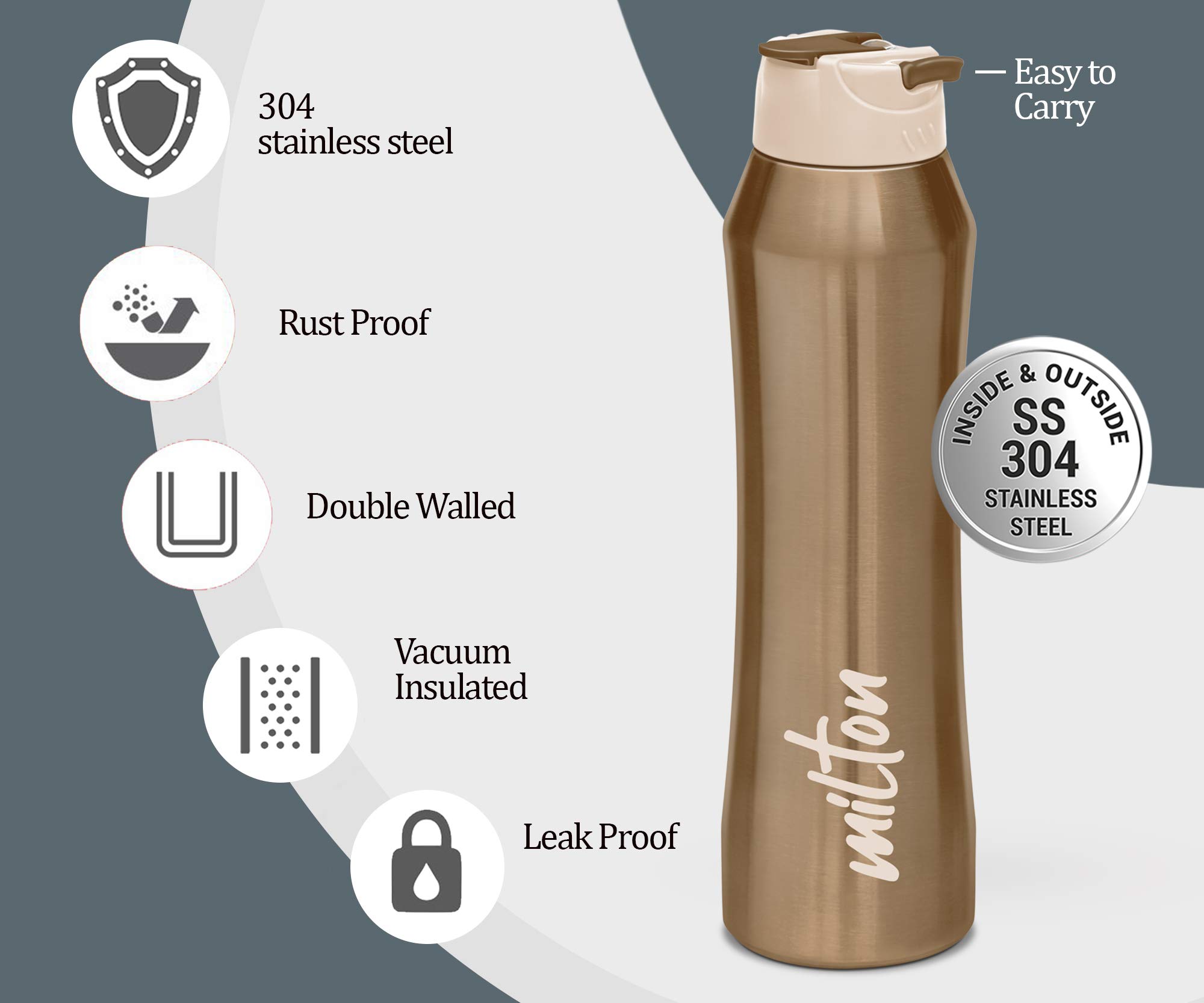 Milton Stark 900 Thermosteel 24 Hours Hot or Cold Water Bottle, 790 ml, Brown