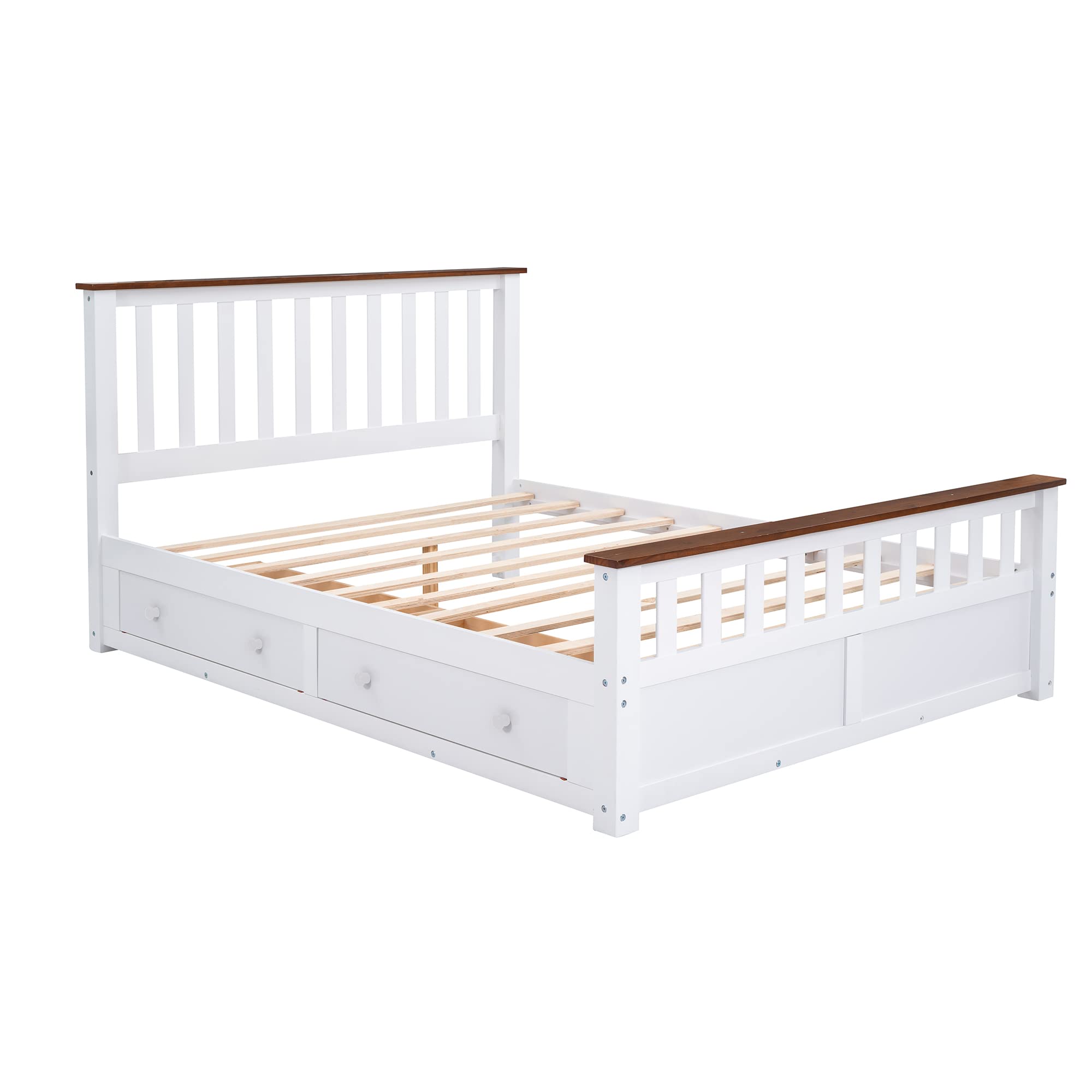 Bellemave Queen Bed Frame with 2 Storage Drawers Wood Platform Bed with Headboard & Footboard Panel Beds with Slats for Boys, Girls, Kids, Teens, White + Walnut
