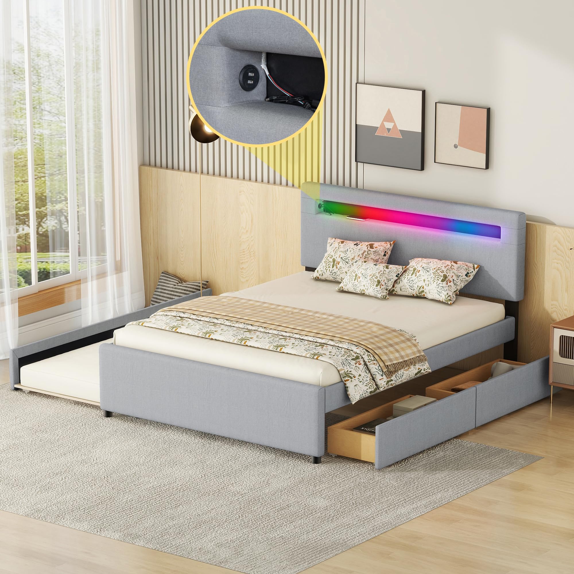 HABUHOME Queen Size Upholstered Platform Bed with 2 Storage Drawers and Twin Trundle, LED Lights and USB Charging, Linen Queen Bed Frame with Headboard and Wood Slat Support, Gray