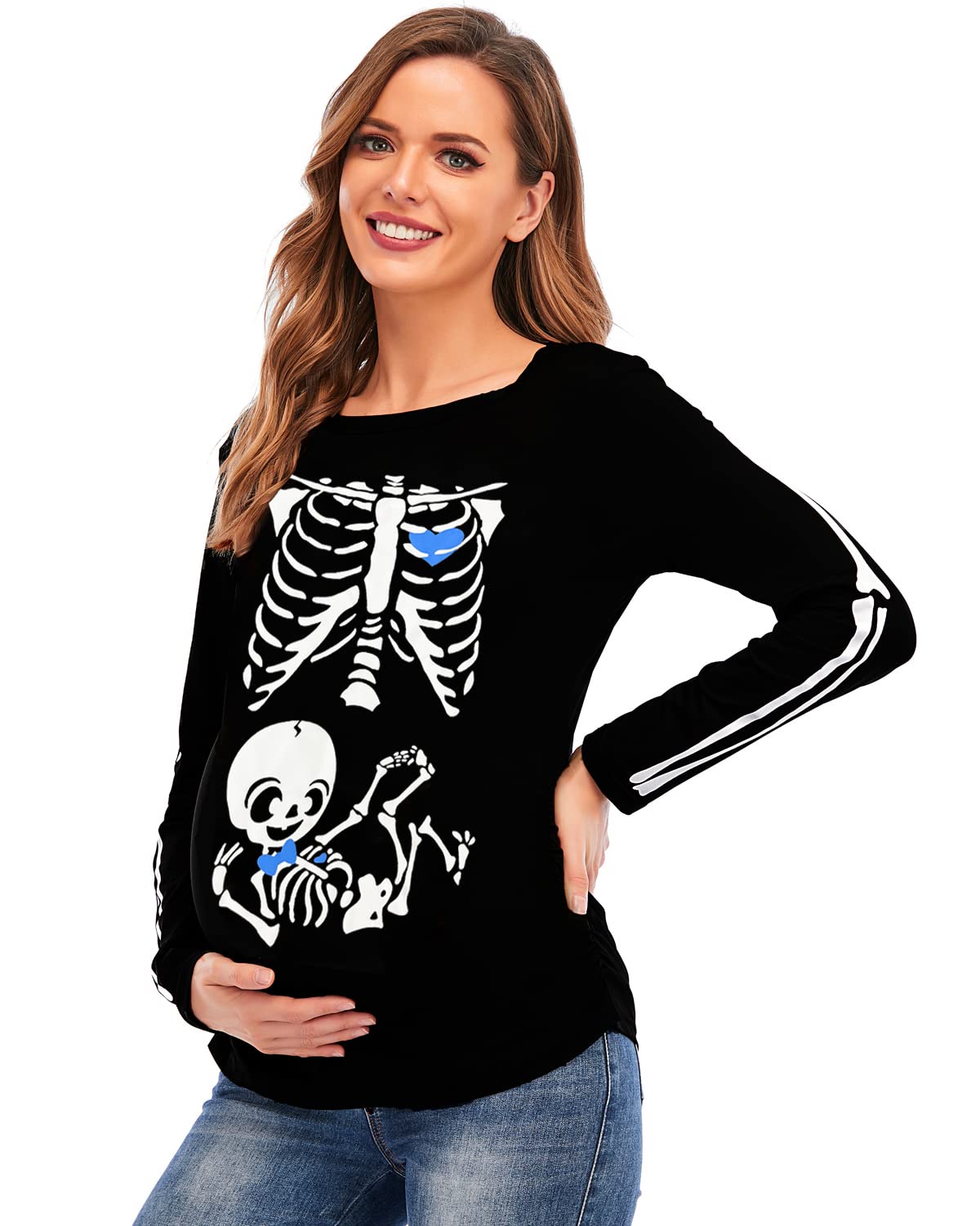 Women's Halloween Skeleton Baby Boy Maternity Shirt Skeleton Long Sleeve Pregnant Outfits Tops L