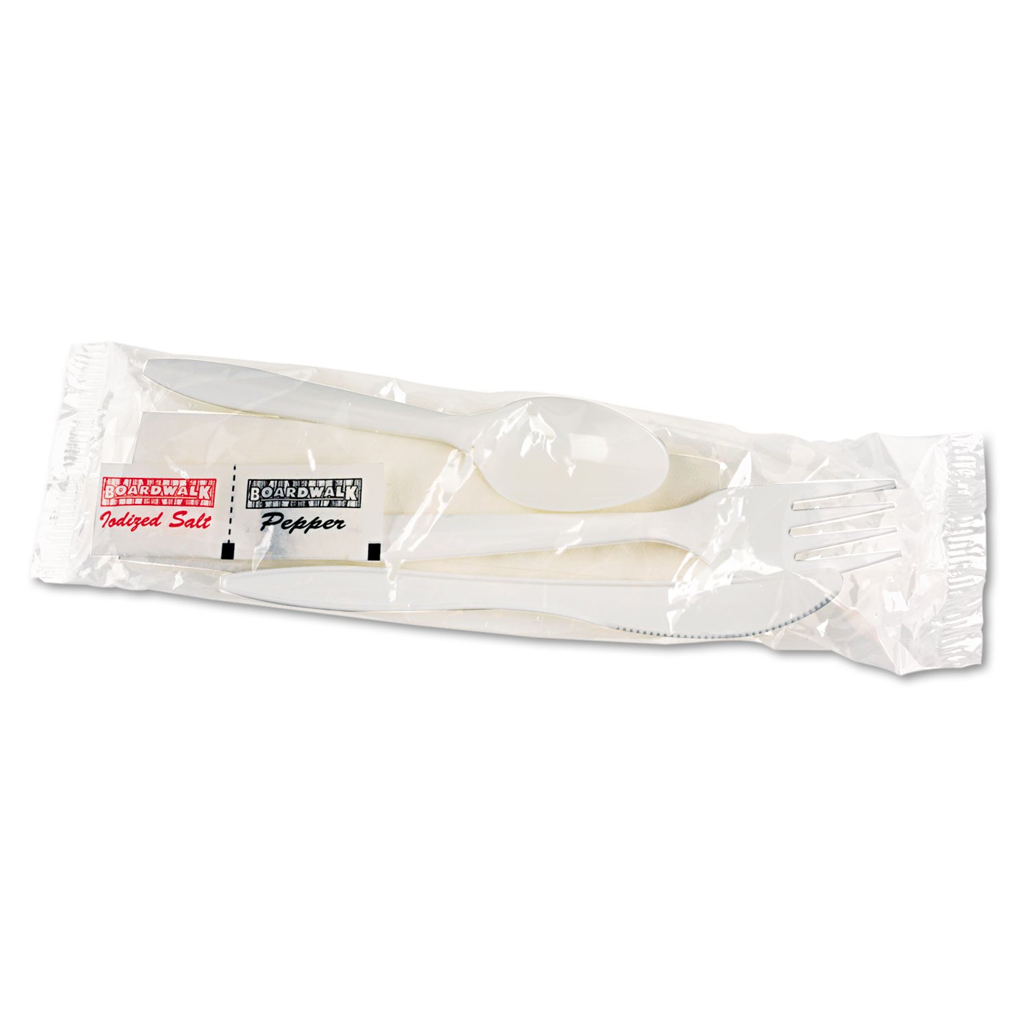 Boardwalk 6KITMW Cutlery Kit, Plastic Fork/Spoon/Knife/Salt/Pepper/Napkin, White (Case of 250)