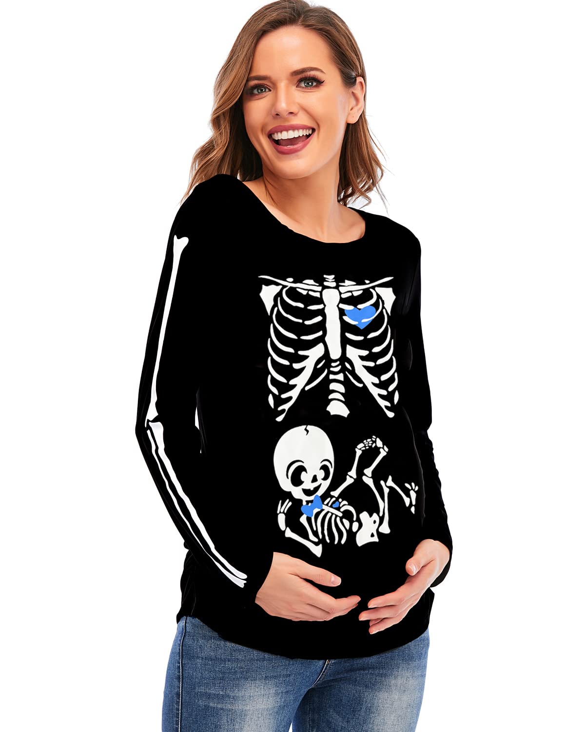 Women's Halloween Skeleton Baby Boy Maternity Shirt Skeleton Long Sleeve Pregnant Outfits Tops L