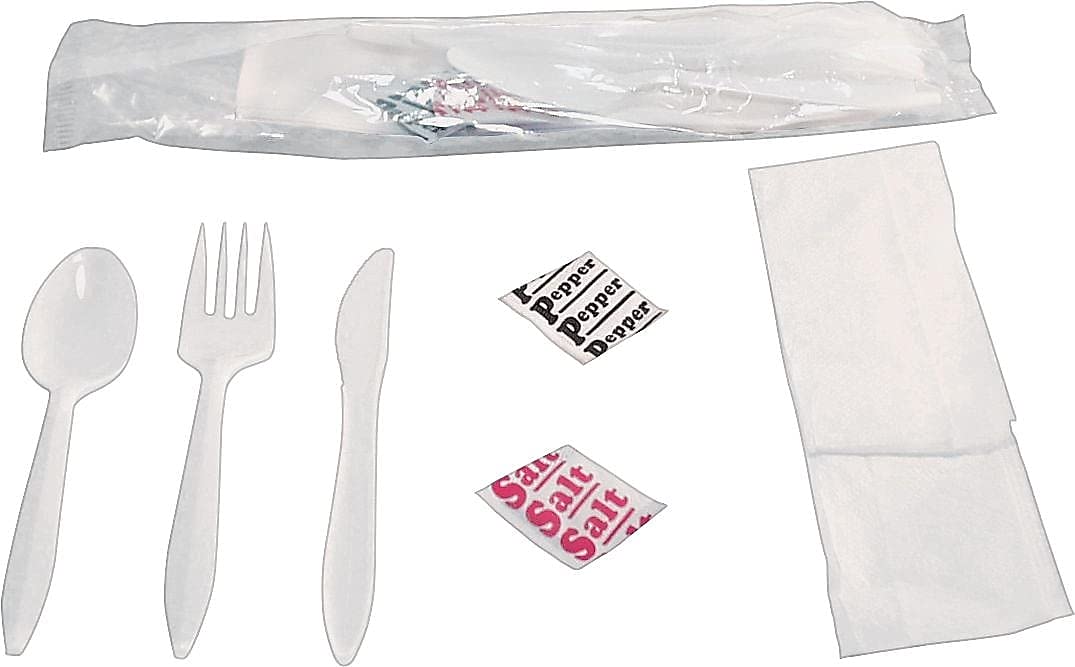 Boardwalk 6KITMW Cutlery Kit, Plastic Fork/Spoon/Knife/Salt/Pepper/Napkin, White (Case of 250)