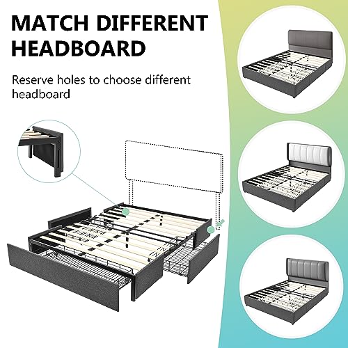Queen Bed Frame with 3 Storage Drawers, Fabric Upholstered Platform Bed Frame Queen Size Queen No Fixed Headboard,Strong Matel Frame and Wooden Slats Support No Nosie No Box Spring Needed (Queen)
