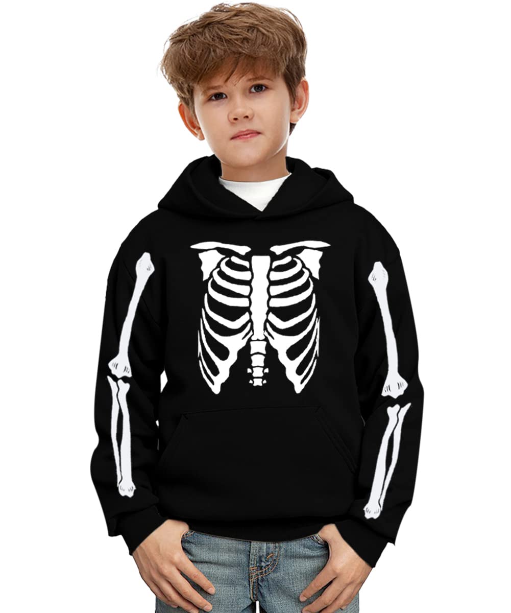 Remimi Kids Halloween Skeleton Sweatshirt Hoodie Boys Girls Long Sleeve Pocket Hooded Pullover Tops 9-10 Years