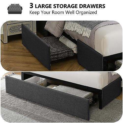 Queen Bed Frame with 3 Storage Drawers, Fabric Upholstered Platform Bed Frame Queen Size Queen No Fixed Headboard,Strong Matel Frame and Wooden Slats Support No Nosie No Box Spring Needed (Queen)
