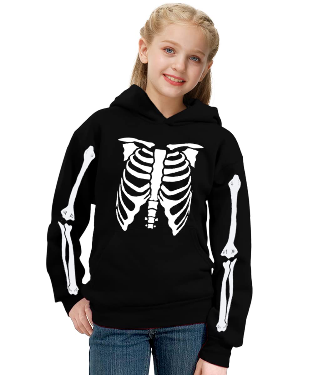 Remimi Kids Halloween Skeleton Sweatshirt Hoodie Boys Girls Long Sleeve Pocket Hooded Pullover Tops 9-10 Years