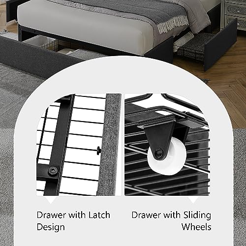 Queen Bed Frame with 3 Storage Drawers, Fabric Upholstered Platform Bed Frame Queen Size Queen No Fixed Headboard,Strong Matel Frame and Wooden Slats Support No Nosie No Box Spring Needed (Queen)