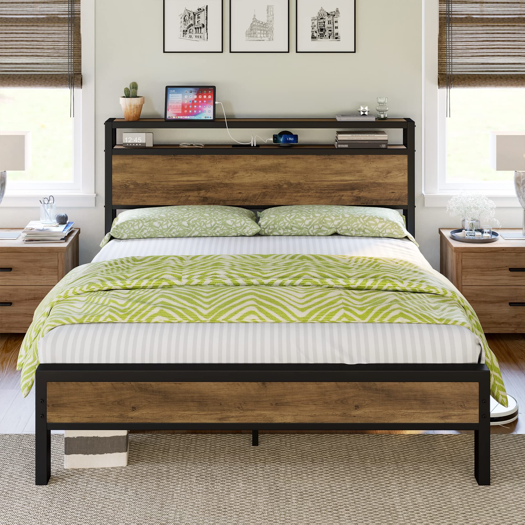 Queen Size Bed Frame, Platform Bed Frame with 2-Tier Storage Headboard and Charging Station/No Box Spring Needed/Noise Free/Industrial/Light Brown