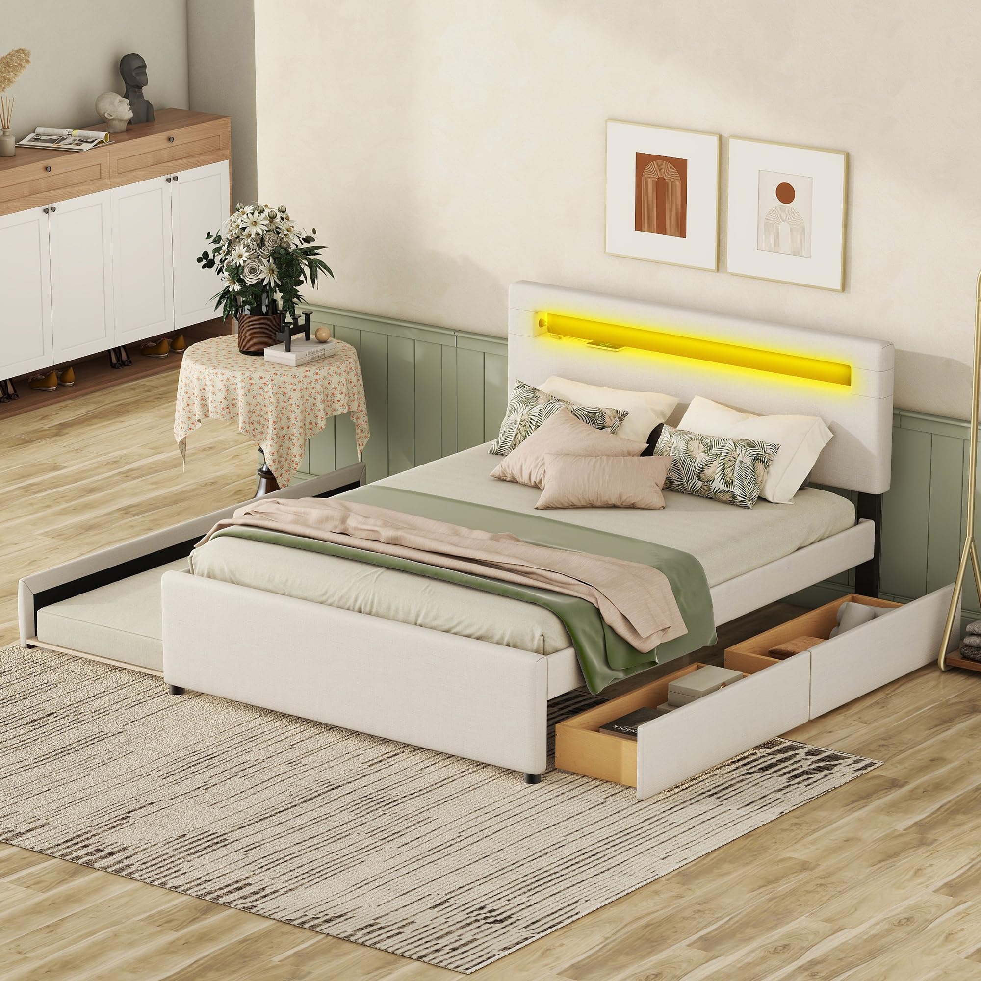 HABUHOME Queen Size Upholstered Platform Bed with 2 Storage Drawers and Twin Trundle, LED Lights and USB Charging, Linen Queen Bed Frame with Headboard and Wood Slat Support,Beige