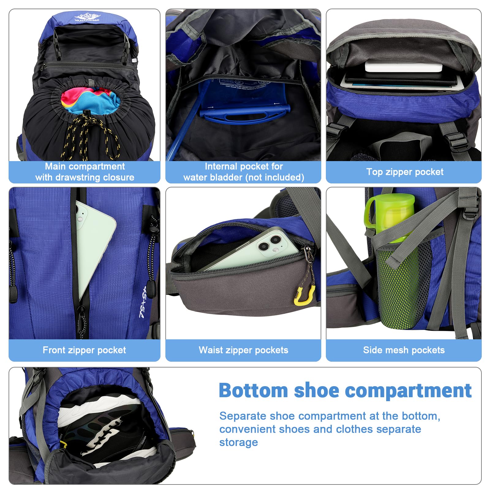 HUIOP hiking backpack, 50L Hiking Backpack Waterproof Camping Backpack with Rain Cover Travel Day Pack Bag with Shoe Compartment for Outdoor Backpacking Climbing