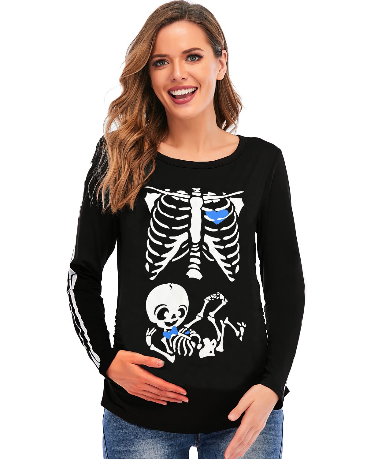 Women's Halloween Skeleton Baby Boy Maternity Shirt Skeleton Long Sleeve Pregnant Outfits Tops L