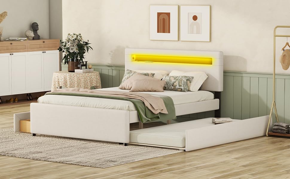 HABUHOME Queen Size Upholstered Platform Bed with 2 Storage Drawers and Twin Trundle, LED Lights and USB Charging, Linen Queen Bed Frame with Headboard and Wood Slat Support,Beige