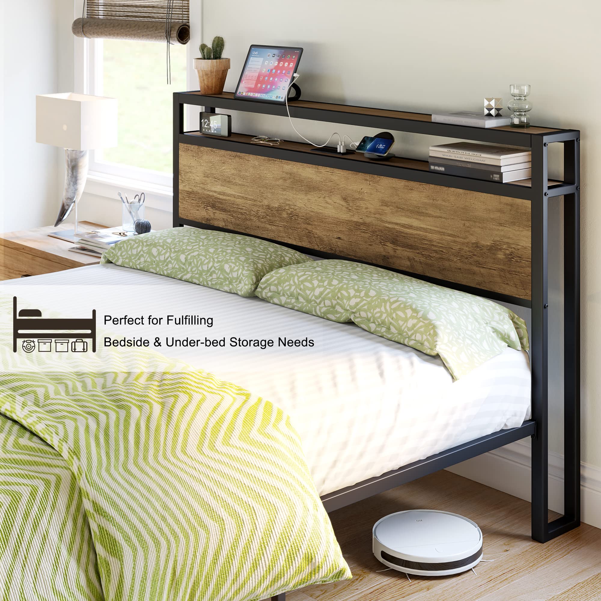 Queen Size Bed Frame, Platform Bed Frame with 2-Tier Storage Headboard and Charging Station/No Box Spring Needed/Noise Free/Industrial/Light Brown